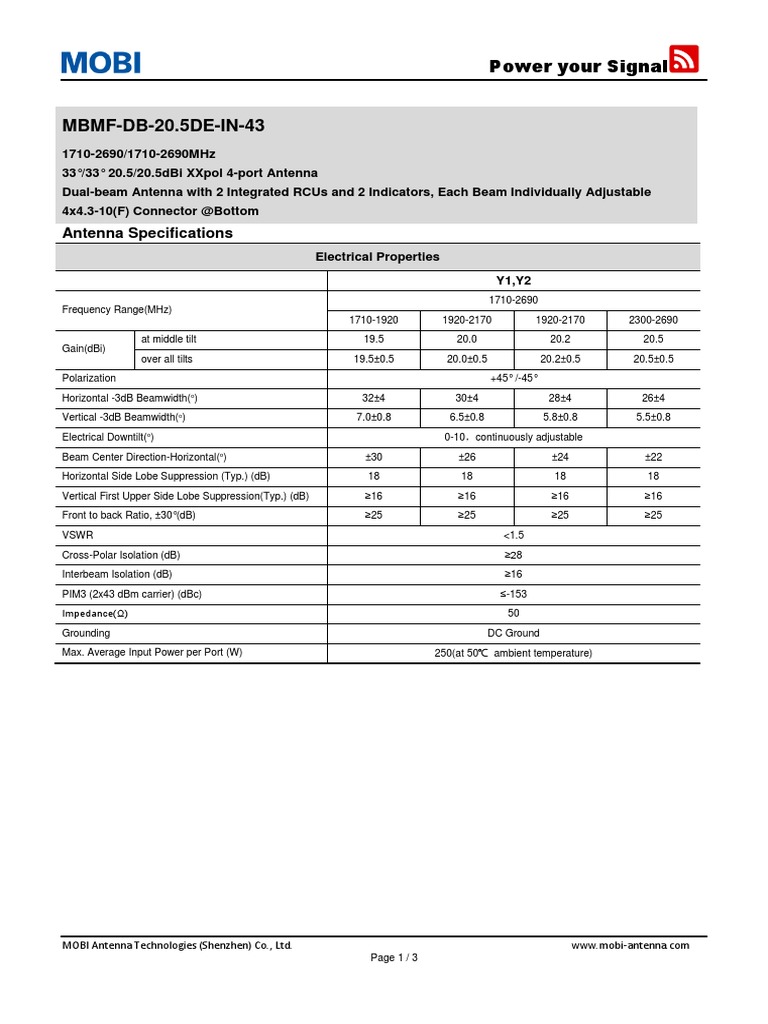 Dual-Beam Cellular Antenna Specification Sheet Detailing Electrical ...