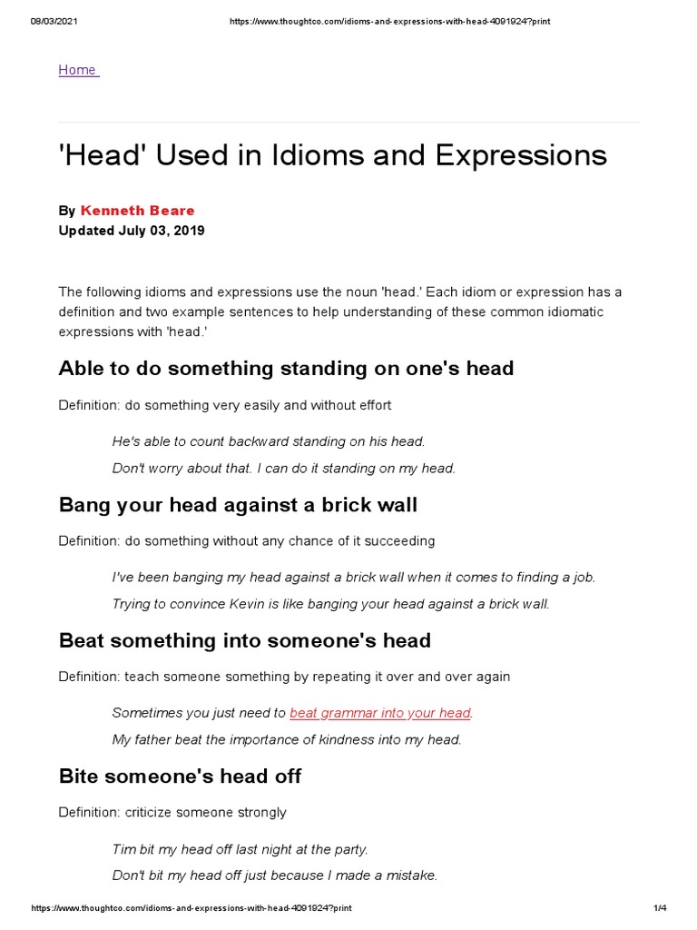 'Head' Used in Idioms and Expressions: Able To Do Something Standing On ...