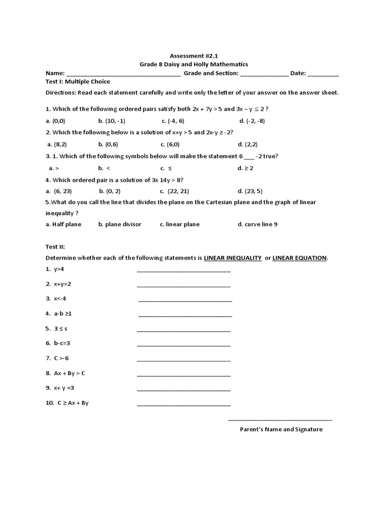 Grade 8 Math Linear Inequalities Test | PDF | Plane (Geometry ...