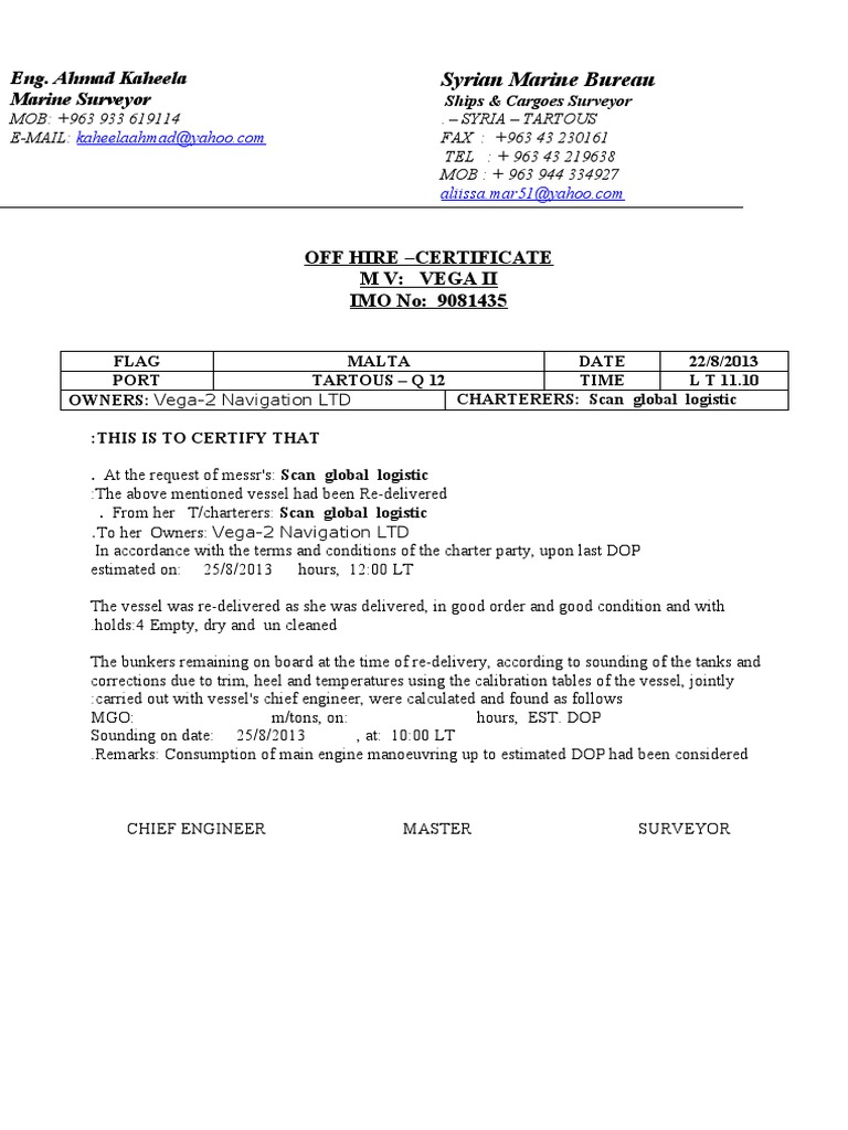 Off Hire Certificate for Vega II | PDF