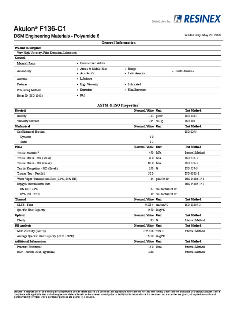 Akulon F136-C1: DSM Engineering Materials - Polyamide 6 | PDF | Viscosity | Extrusion
