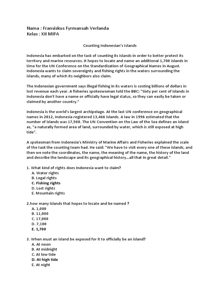 Fransiskus Fyrmansah Verlanda - XII MIPA 1 - Bahasa INGGRIS Wajib | PDF ...