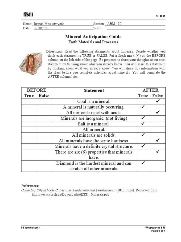Student Worksheet on Mineral Properties with Pre-Assessment and Post ...