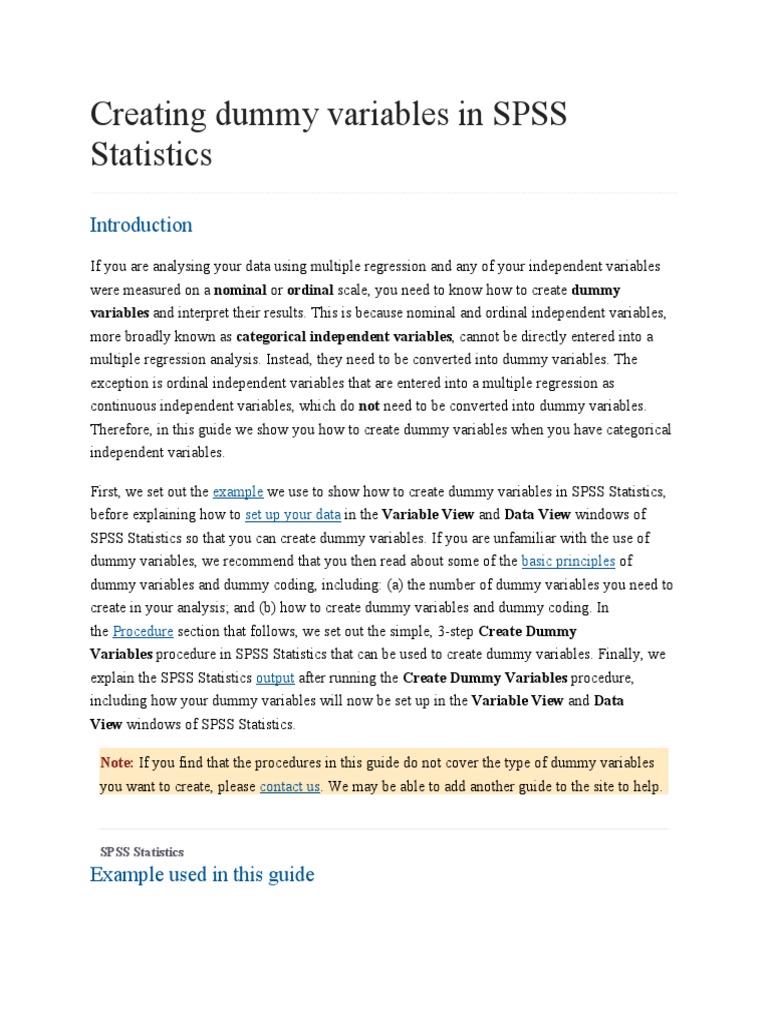 Creating Dummy Variables in SPSS Statistics | PDF | Categorical Variable | Spss