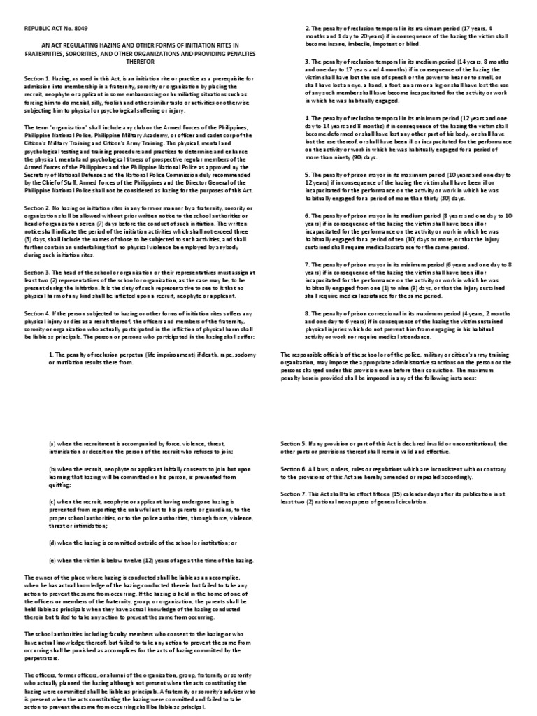 Republic Act No. 8049 (The Anti-Hazing Law) | PDF | Fraternities And ...