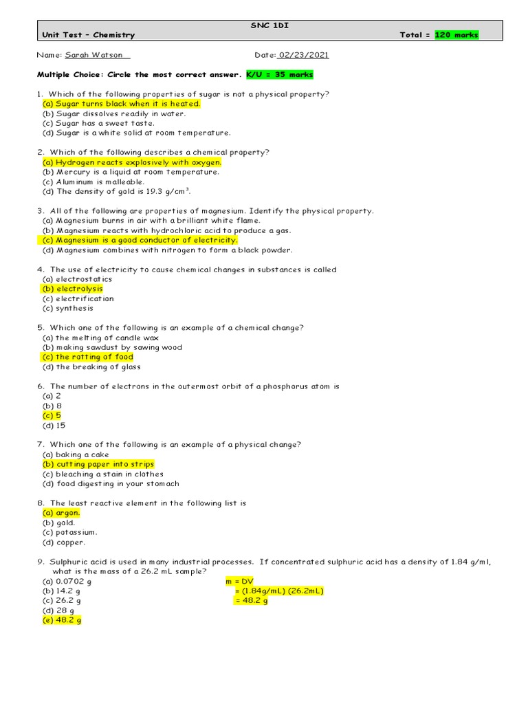 SNC 1D Chemistry Unit Test Q3 2021 | PDF | Atoms | Ion