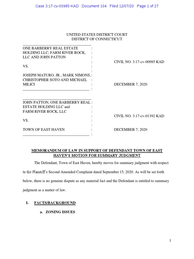 Summary Judgement Motion Ace Farm East Haven Defendants' MSJ Memo2 ...