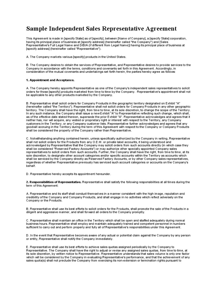 Independent Sales Representative Agreement | PDF | Debits And Credits ...