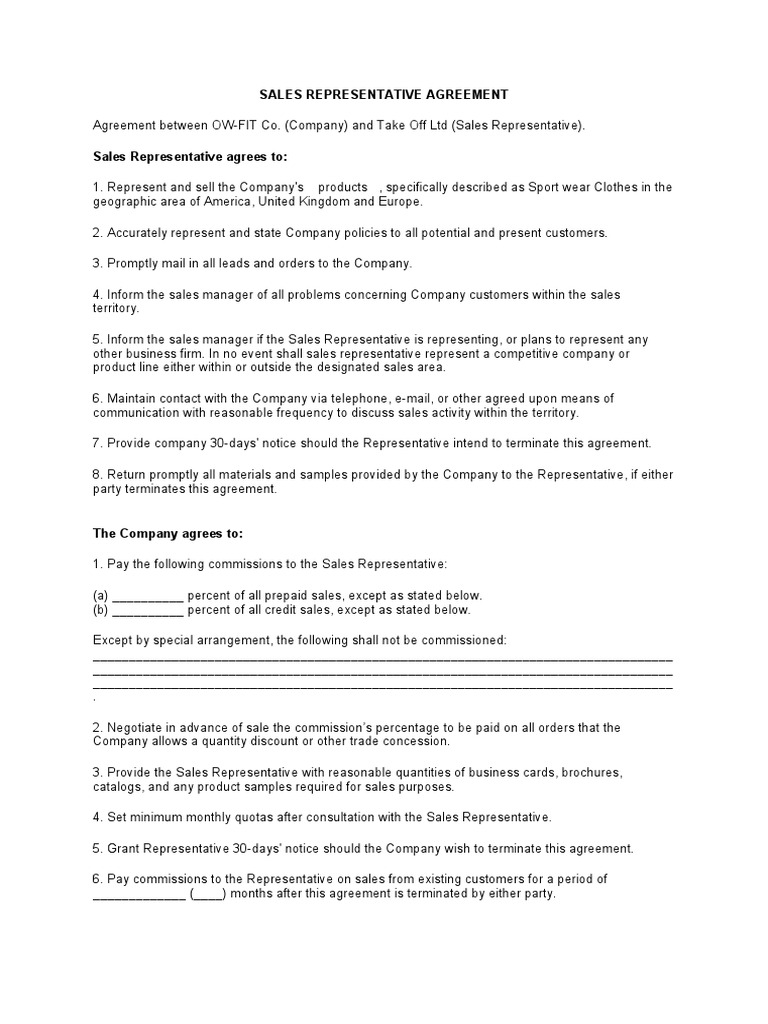 Sales Representative Agreement | Download Free PDF | Business | Economies