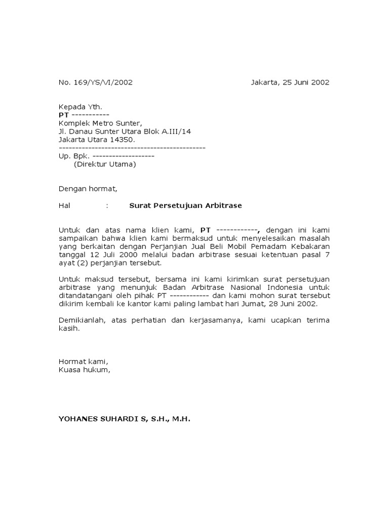 2.surat Persetujuan Arbitrase | PDF