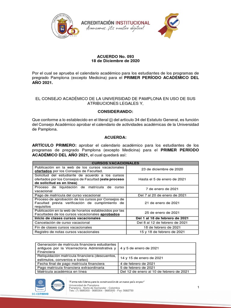 Calendario Unipamplona 2021 | PDF