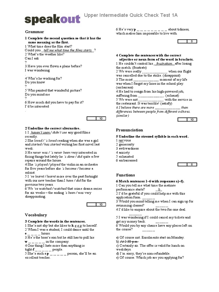 Upper Intermediate Quick Check Test 1A: Grammar | PDF | Languages ...