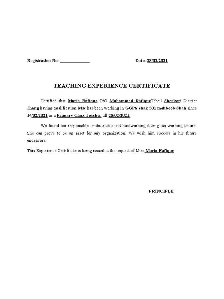 Teaching Experience Certificate . | PDF