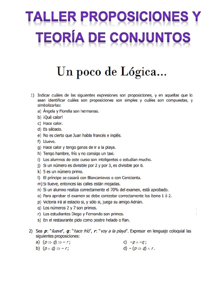 Taller Proposiciones y Conjuntos | PDF