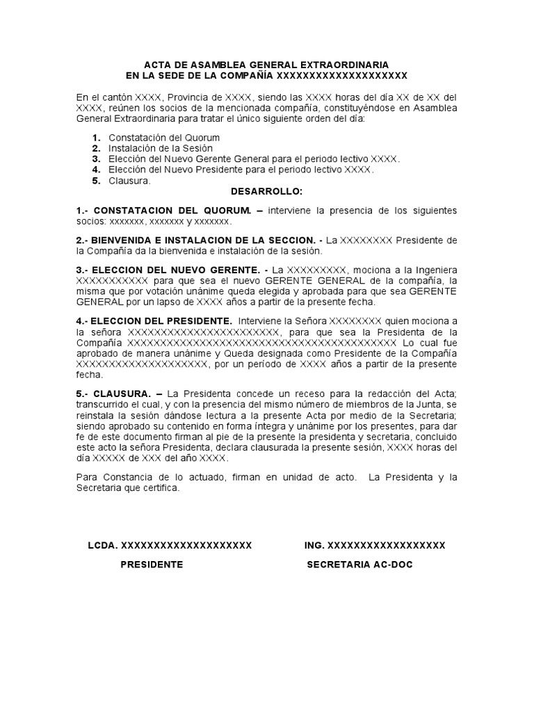 Modelo de Acta de Junta General Extraordinaria Supercias | PDF