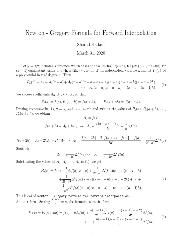 Newton - Gregory Formula For Forward Interpolation | PDF | Mathematical ...