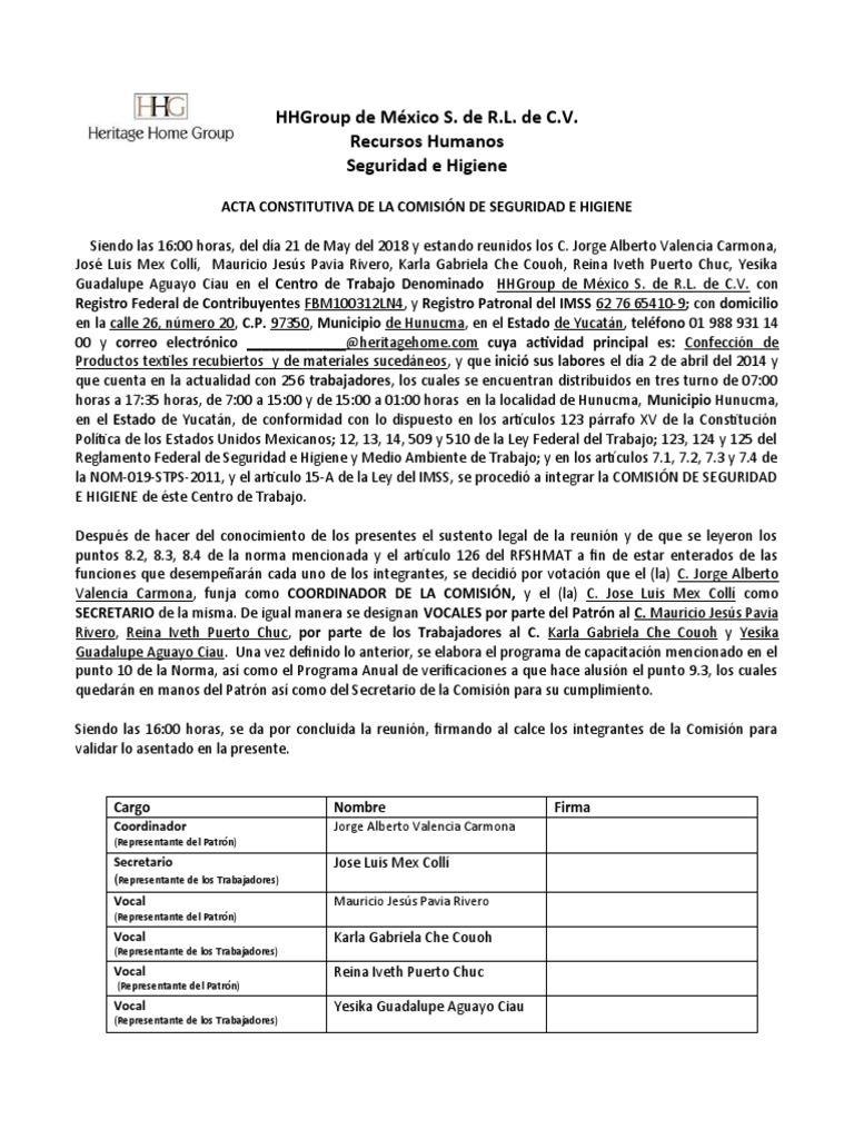 Acta Constitutiva de La Comisión de Seguridad e Higiene Hhgroup 2015 | PDF | Justicia | Crimen y ...