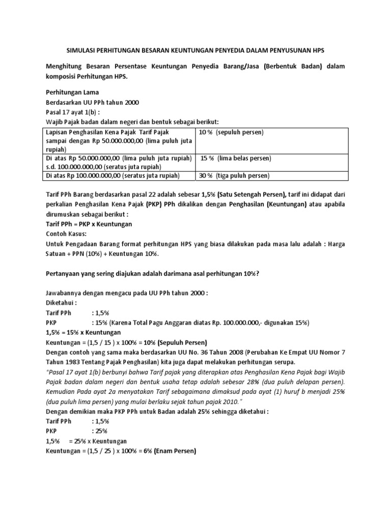 Draft Perhitungan Keuntungan Penyedia Dalam HPS | PDF