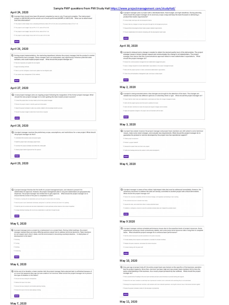 Sample PMP Questions From PMI Study Hall April 24, 2020 | PDF