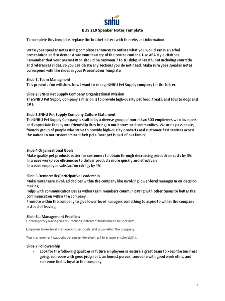 BUS 210 Project One Speaker Notes | Download Free PDF | Leadership ...