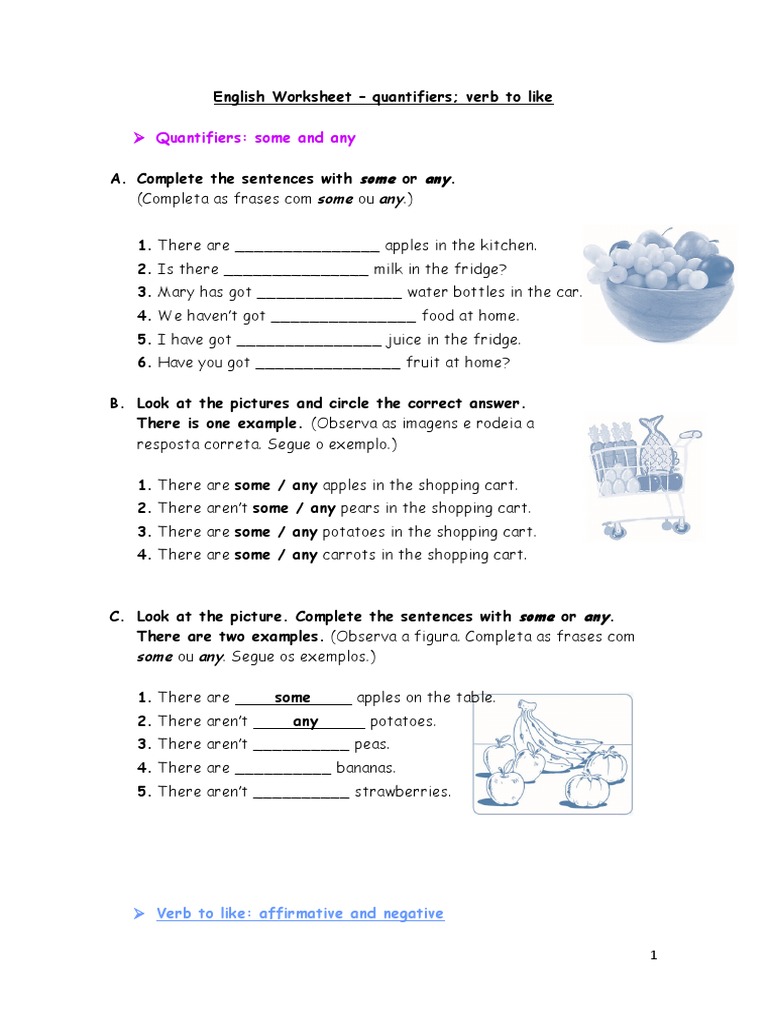 English Worksheet - Quantifiers, Verb To Like | PDF | Linguistic ...
