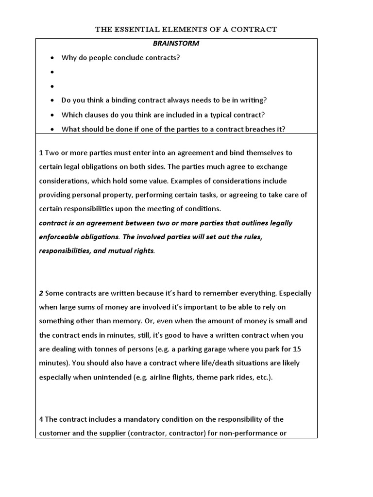The Essential Elements of A Contract | PDF | Offer And Acceptance ...