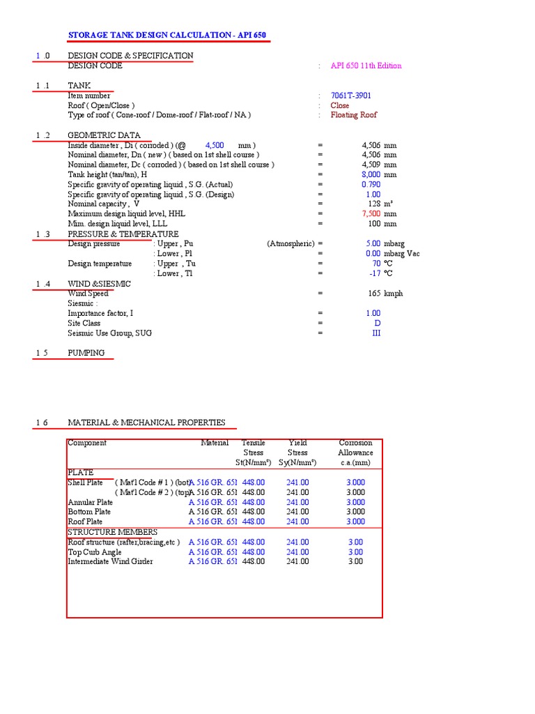Storage Tank Design Calculation - Api 650: Close Floating Roof | PDF ...