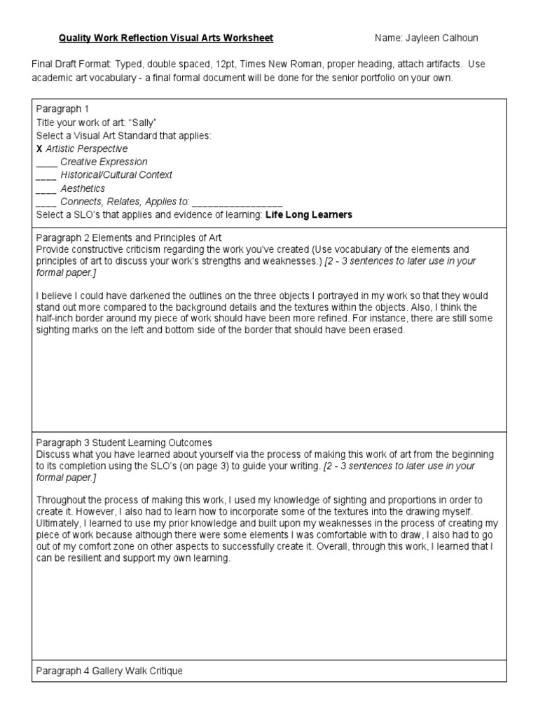 Quality Work Refection Visual Arts Worksheet - Ofrenda Still Life | PDF ...