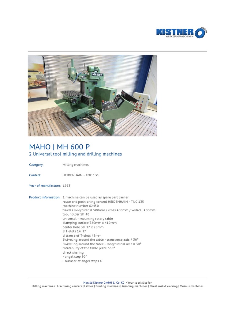 MAHO MH 600 P Milling Machine Info | PDF