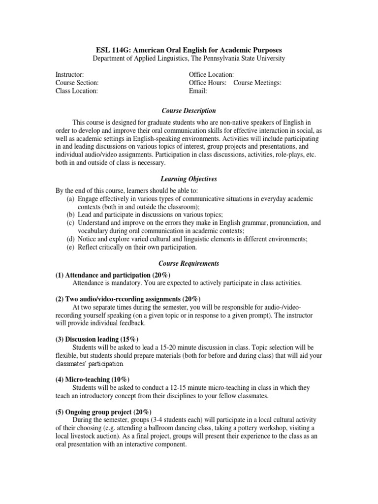 APLNG - Sample Syllabus ESL114G | PDF | Academic Integrity | English ...