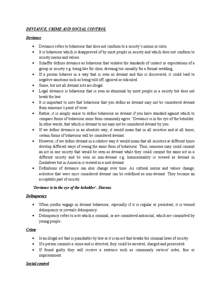 DEVIANCE, CRIME AND SOCIAL CONTROL EXPLAINED | PDF | Deviance ...