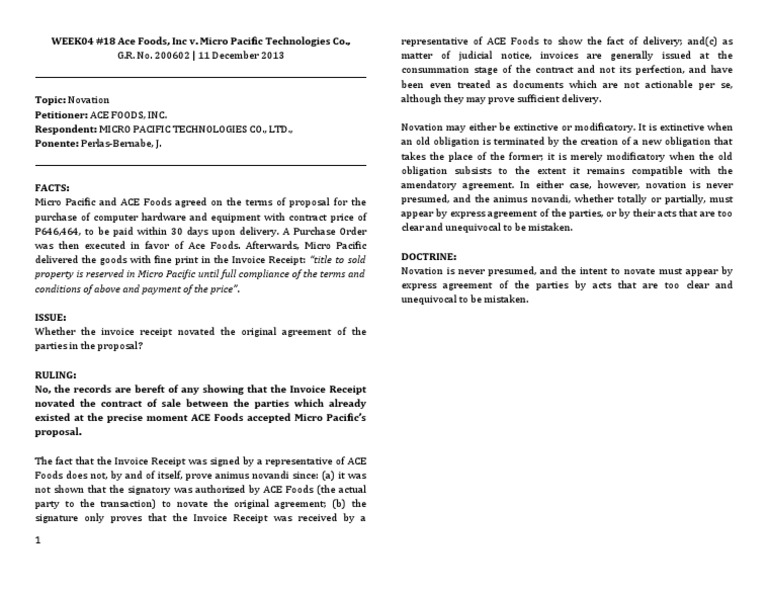 Novation in Ace Foods v. Micro Pacific | PDF | Receipt | Invoice