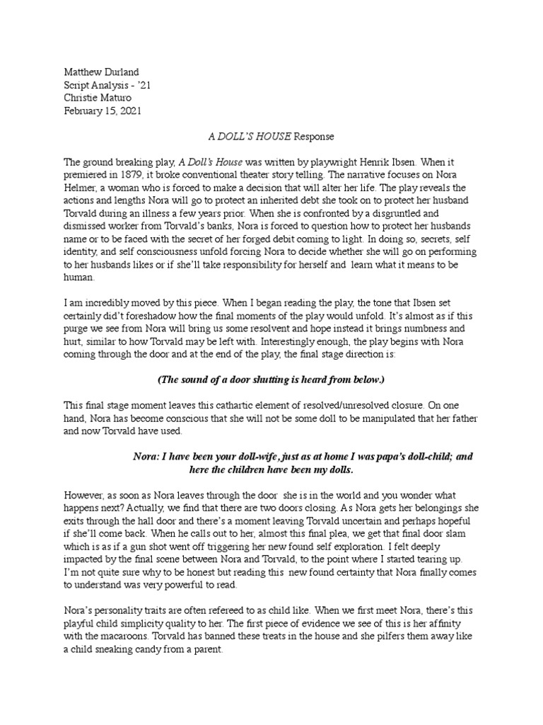 A Doll's House Response | PDF | A Doll's House