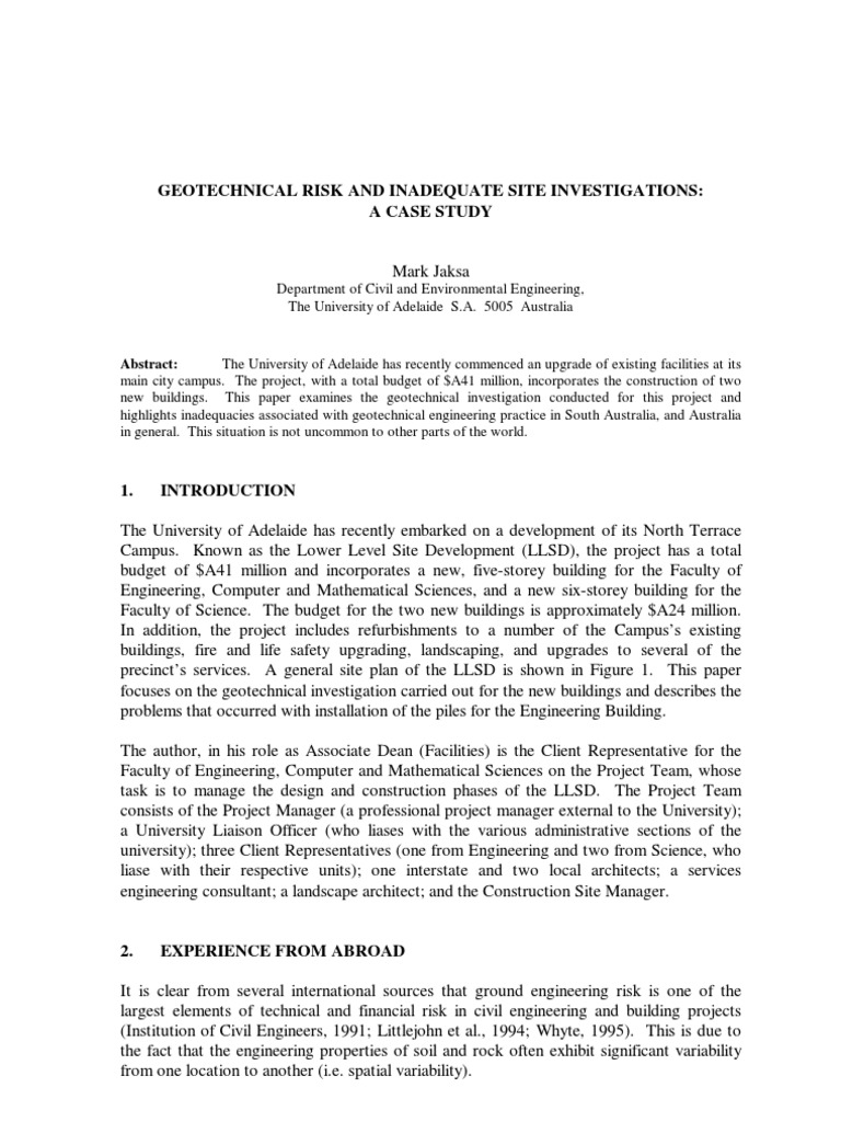 Geotechnical Risk and Inadequate Site Investigations: A Case Study ...