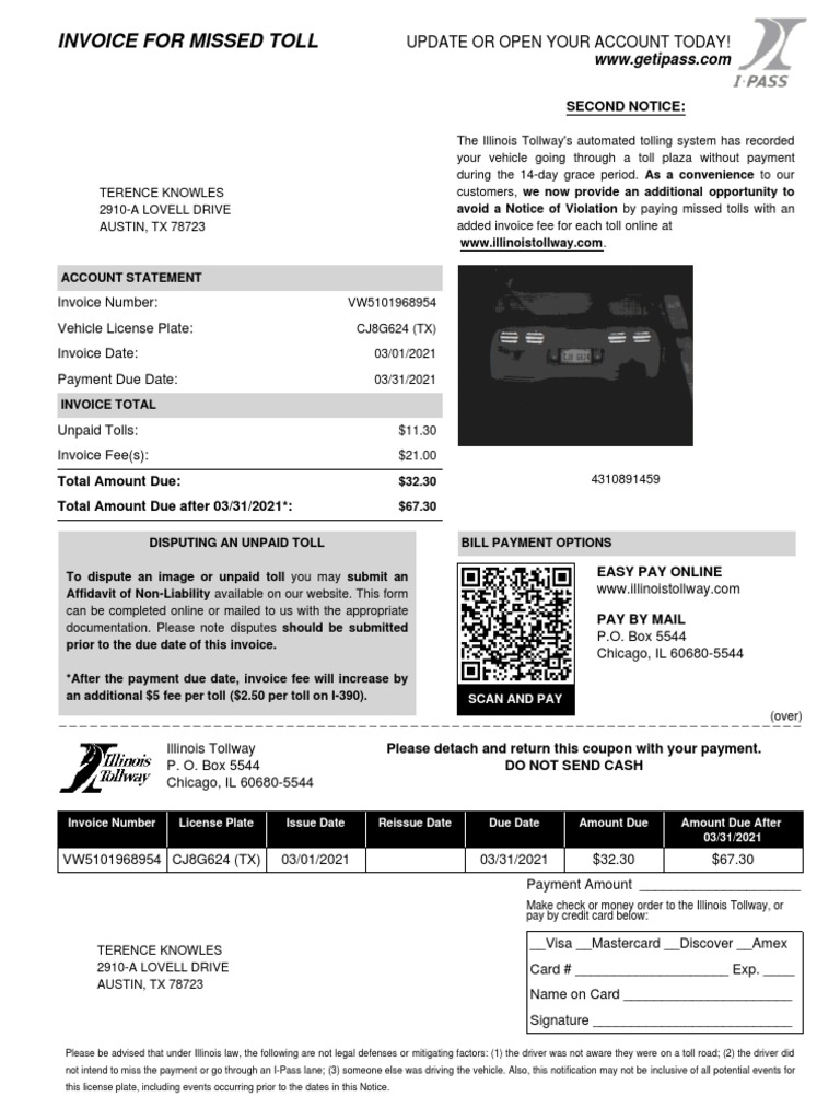 Invoice For Missed Toll: Second Notice | PDF | Toll Road | Payments