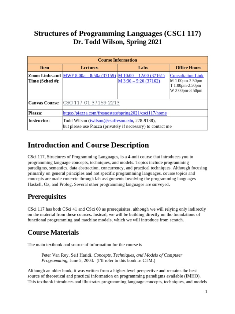 Structures of Programming Languages (CSCI 117) : Dr. Todd Wilson, Spring 2021 | PDF ...