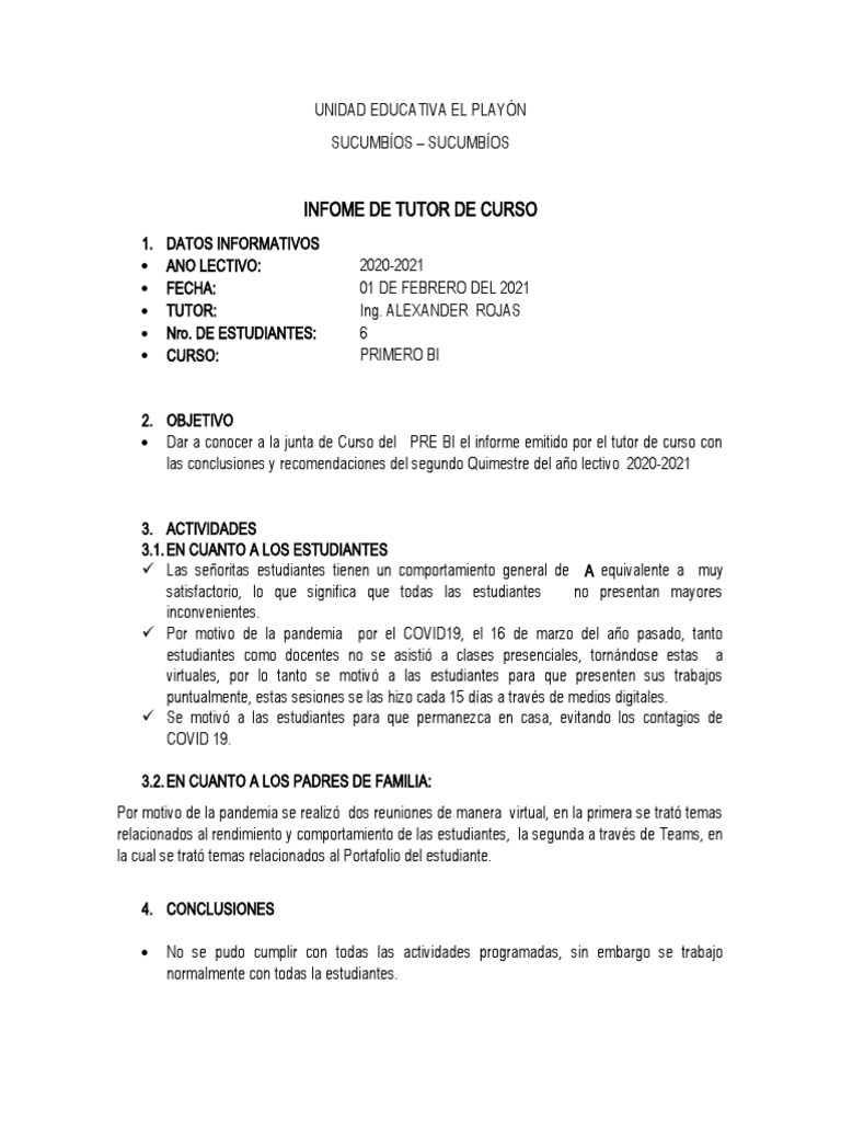 Informe de Tutor 2020-2021 Primer Quimestre | PDF | Business | Science
