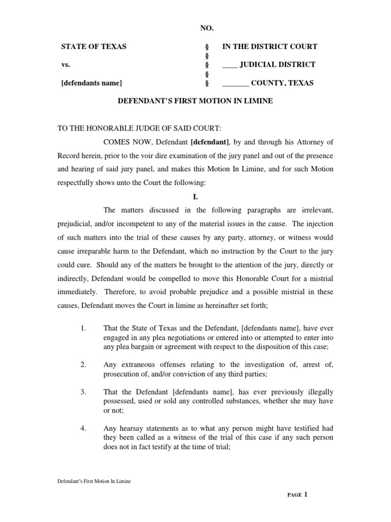 Defendant's First Motion In Limine | PDF | Trials | Prejudice (Legal Term)