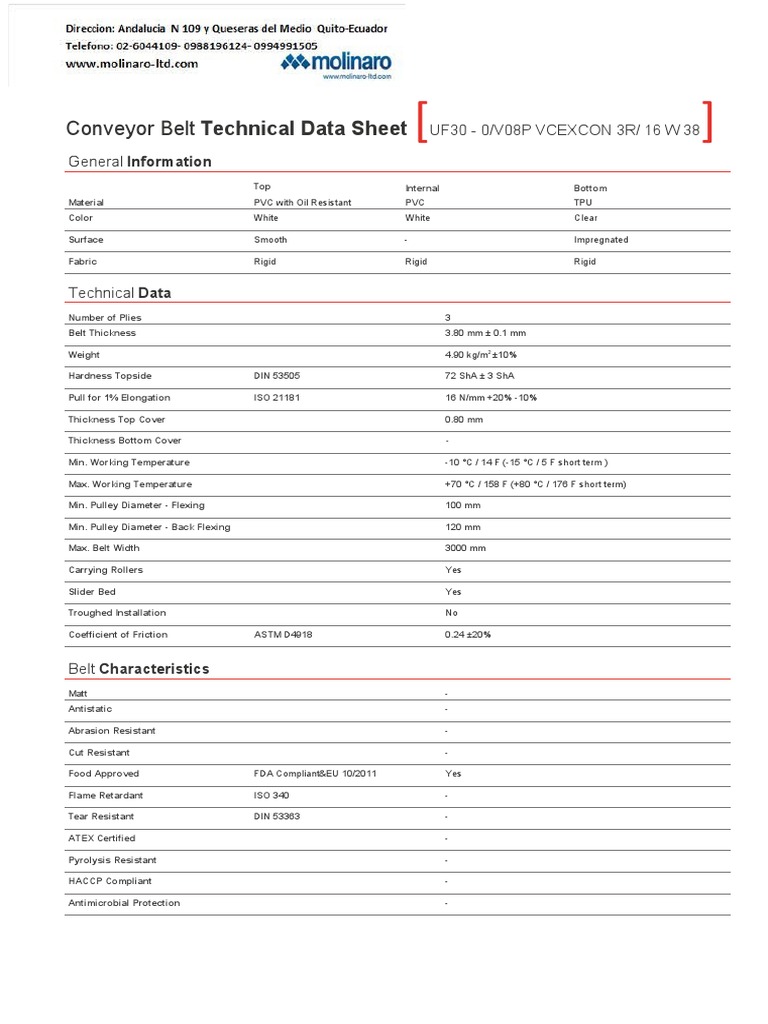 Conveyor Belt Technical Data Sheet: UF30 - 0/V08P Vcexcon 3R/ 16 W 38 General Information | PDF ...
