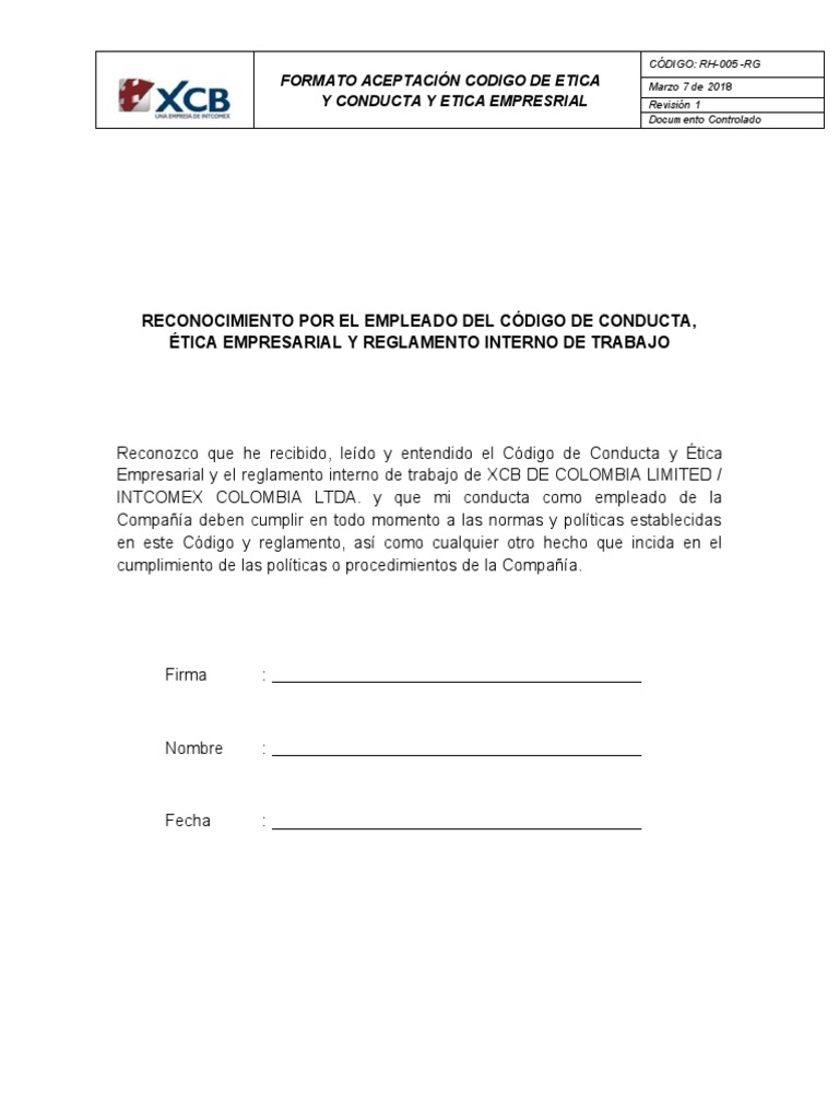 Formato de Aceptación de Codigo de Conducta y Etica Empresarial | PDF