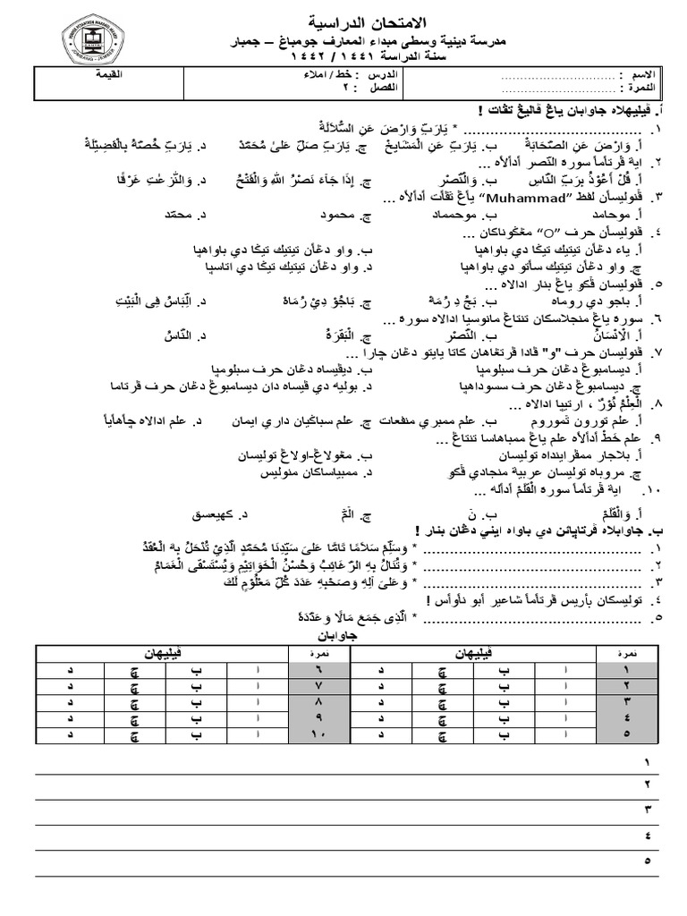 Soal Khot Imlak Kelas 2 Wustho Putra Dan Putri | PDF