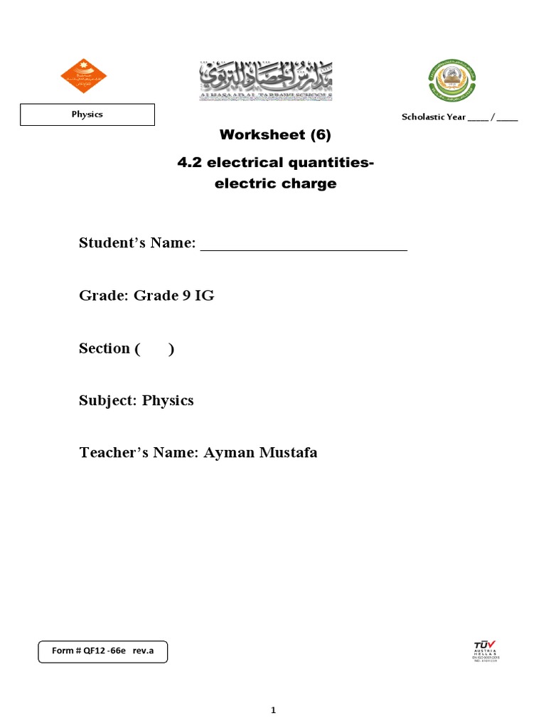 Grade 9 Physics: Electric Charge Worksheet | PDF | Technology & Engineering