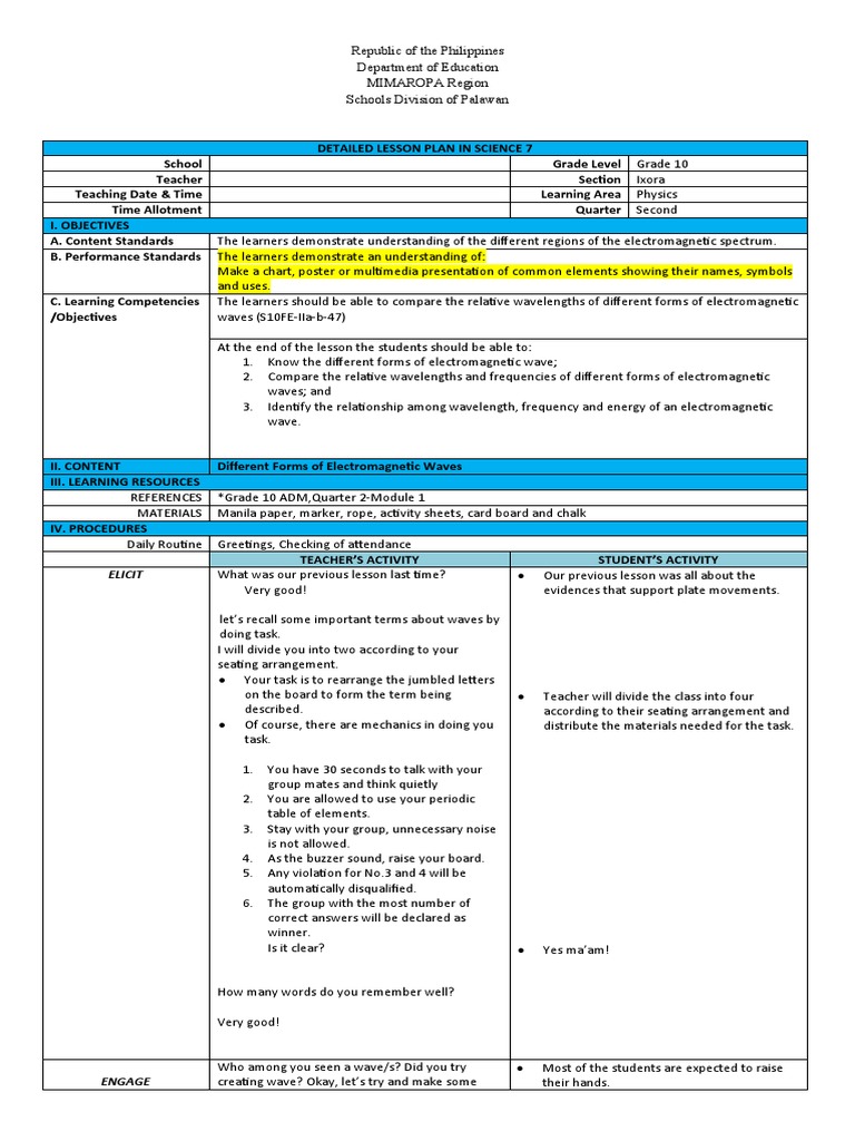 7e Lesson Plan | PDF | Electromagnetic Radiation | Electromagnetic Spectrum