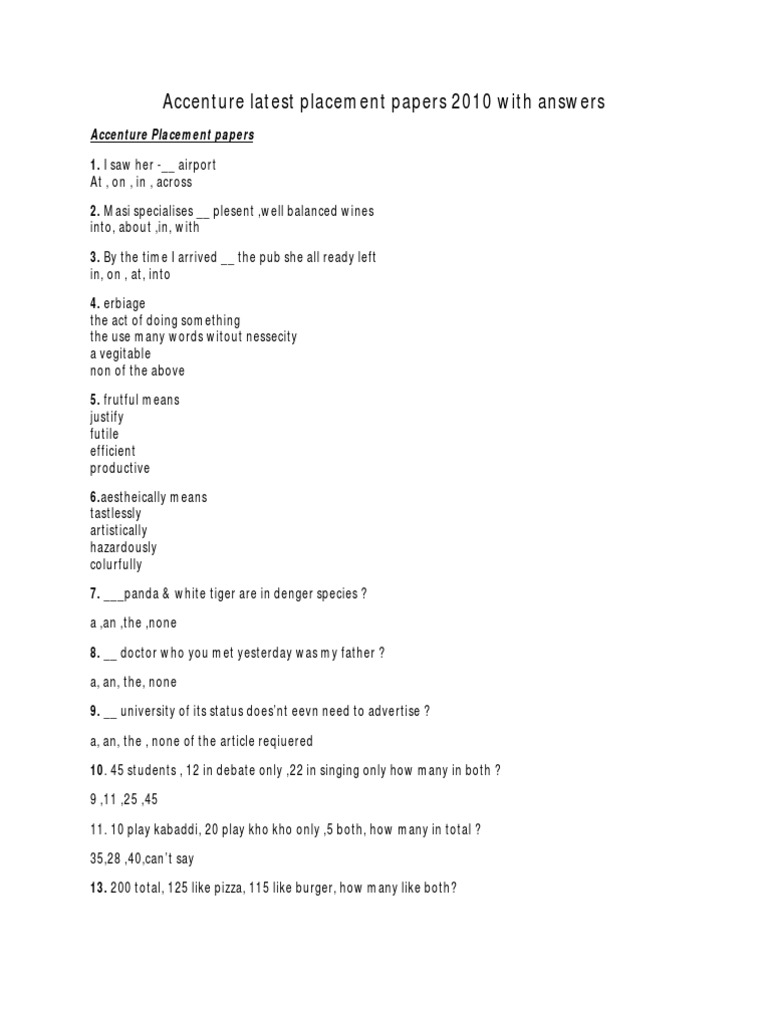 Accenture Latest Placement Papers 2010 With Answers | PDF | Business