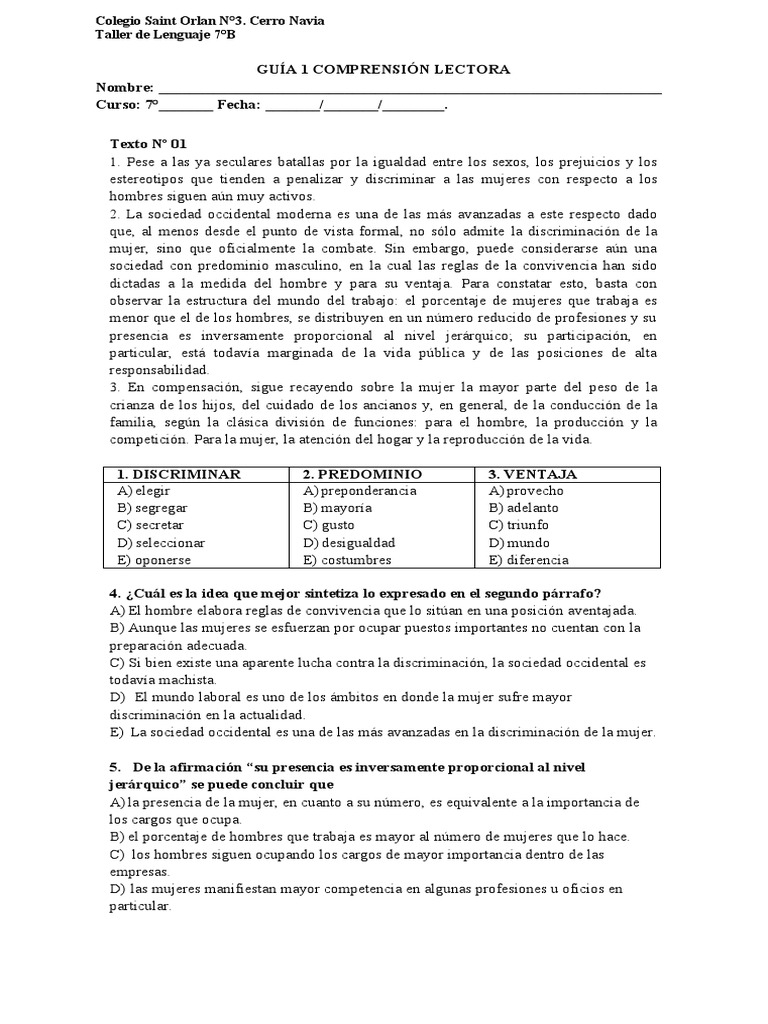 Guía 3 Comprensión Lectora 7mo. Básico PARA MAÑANA | PDF | Mujer | Science