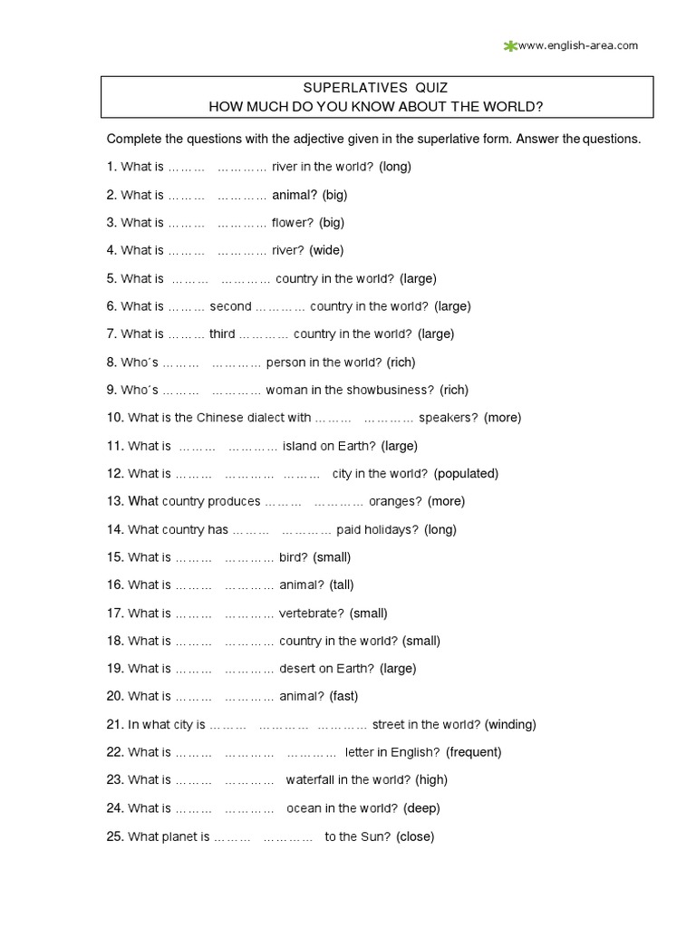 Superlatives Quiz on World Knowledge | PDF | Games & Activities ...