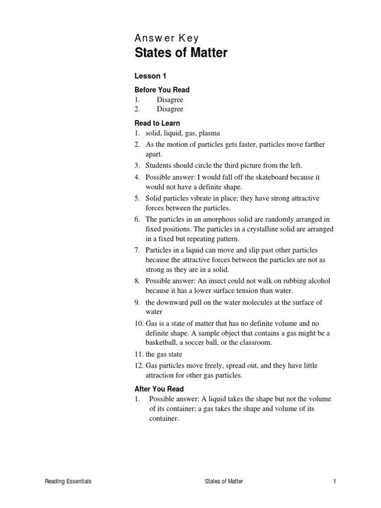 States of Matter - Answer Key | PDF | Gases | Boiling