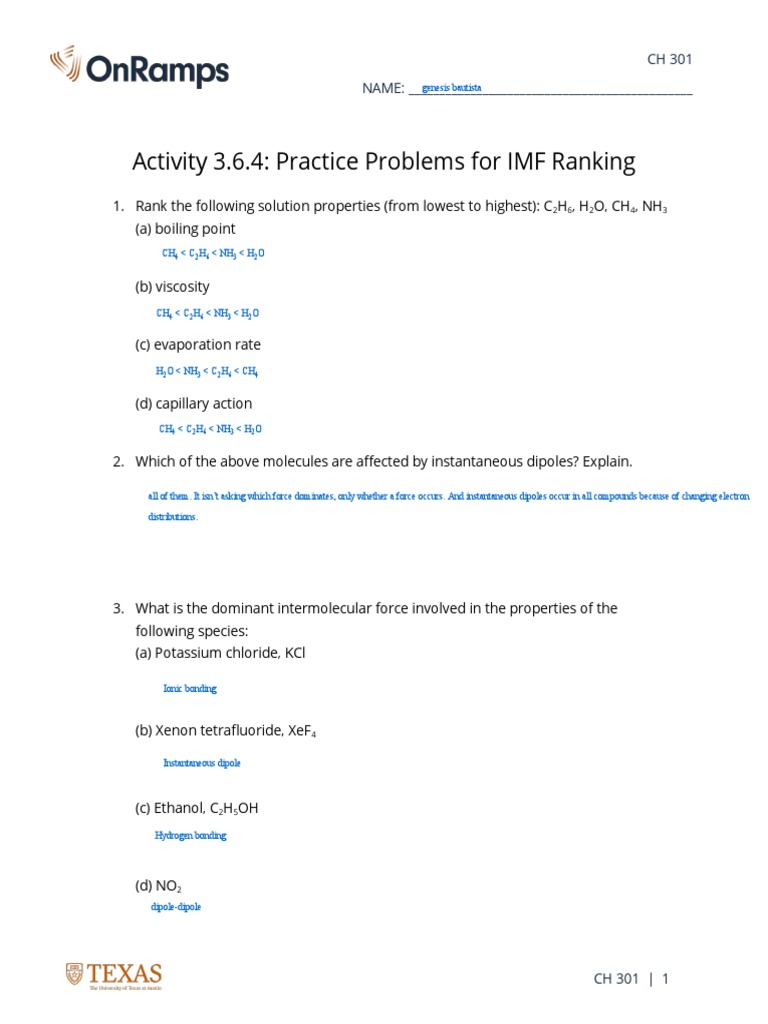 Activity 3.6.4: Practice Problems For IMF Ranking: CH 301 NAME | PDF ...