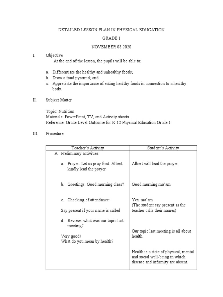 Beed3b Detailed Lesson Plan in Physical Education | PDF | Nutrients ...