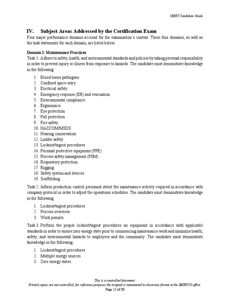 IV. Subject Areas Addressed by The Certification Exam: CMRT Candidate ...